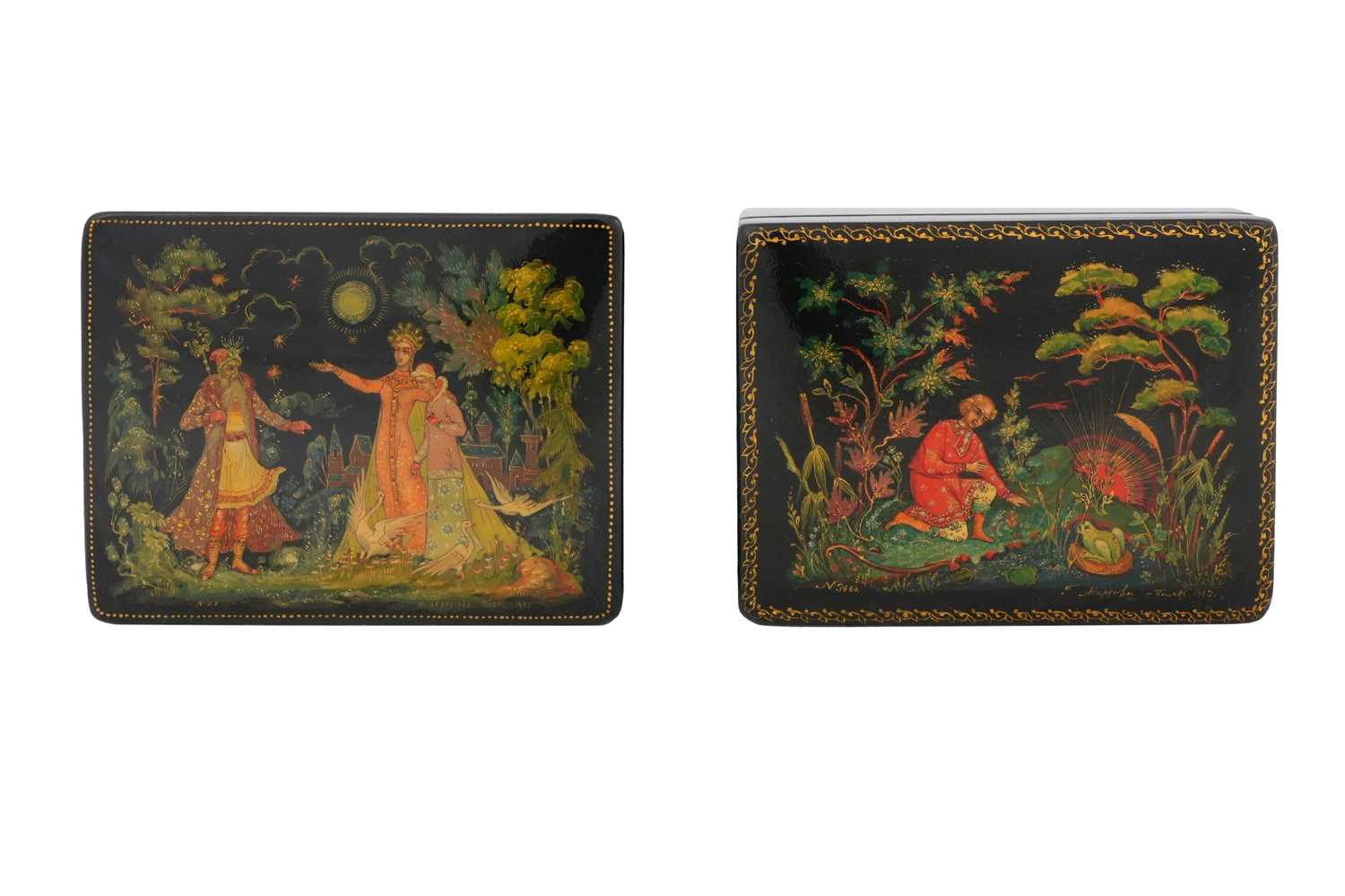 Lot 76 - TWO RUSSIAN POLYCHROME-PAINTED PALEKH